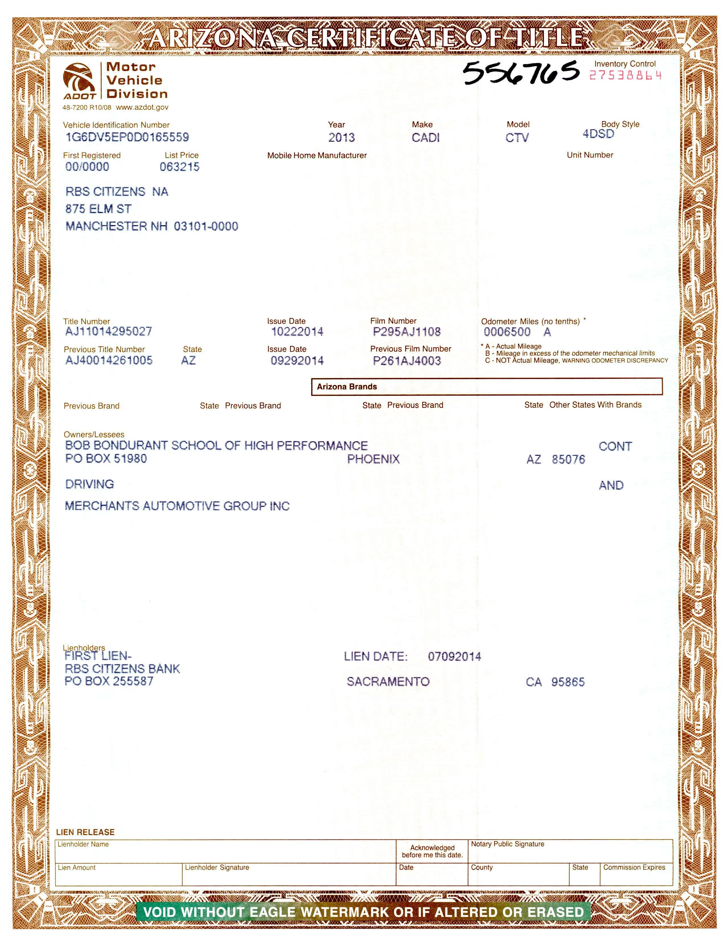 Vehicle Certificate of Title (all USA states)