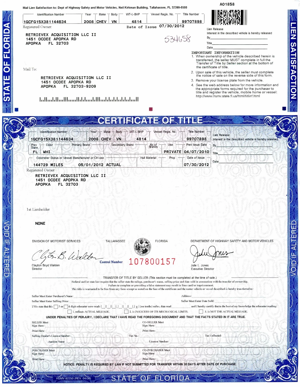 Vehicle Certificate of Title (all USA states)