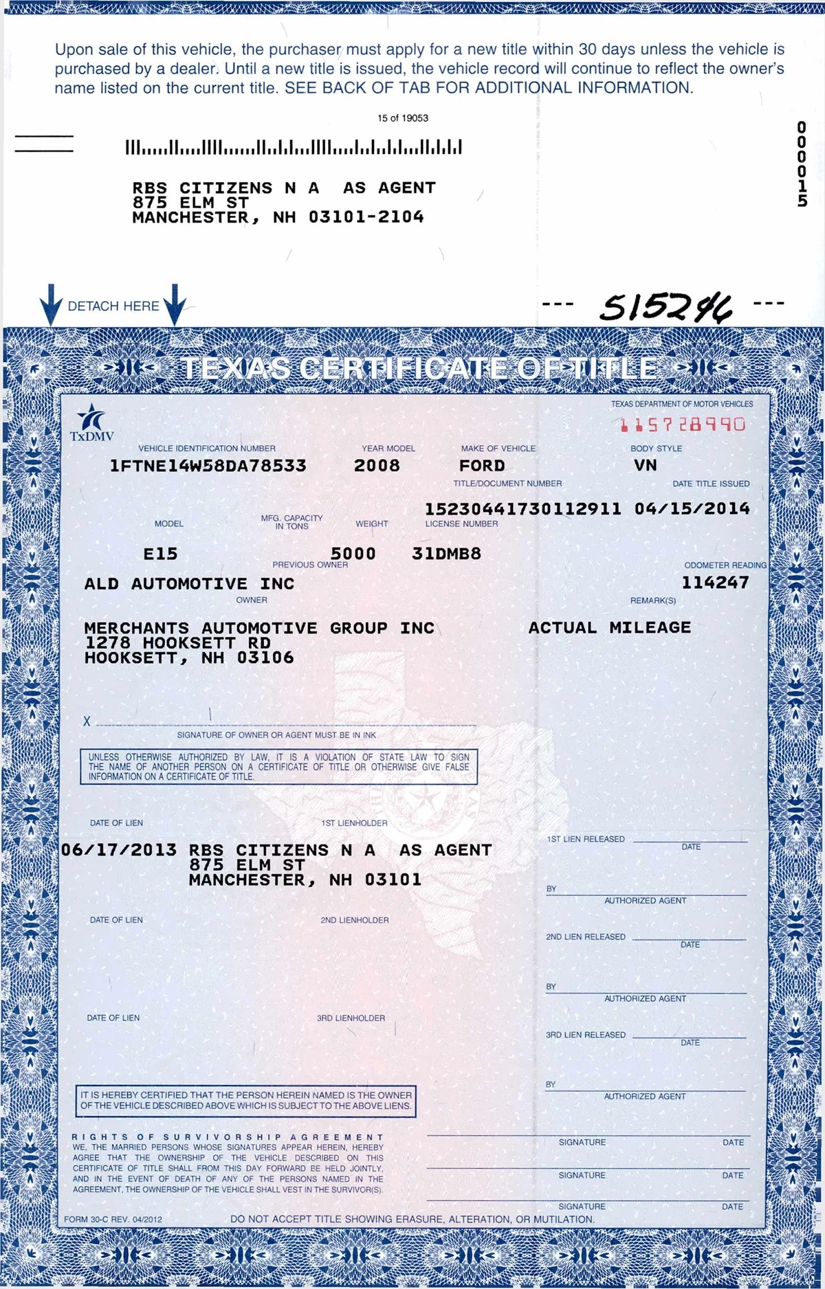 Vehicle Certificate of Title (all USA states)
