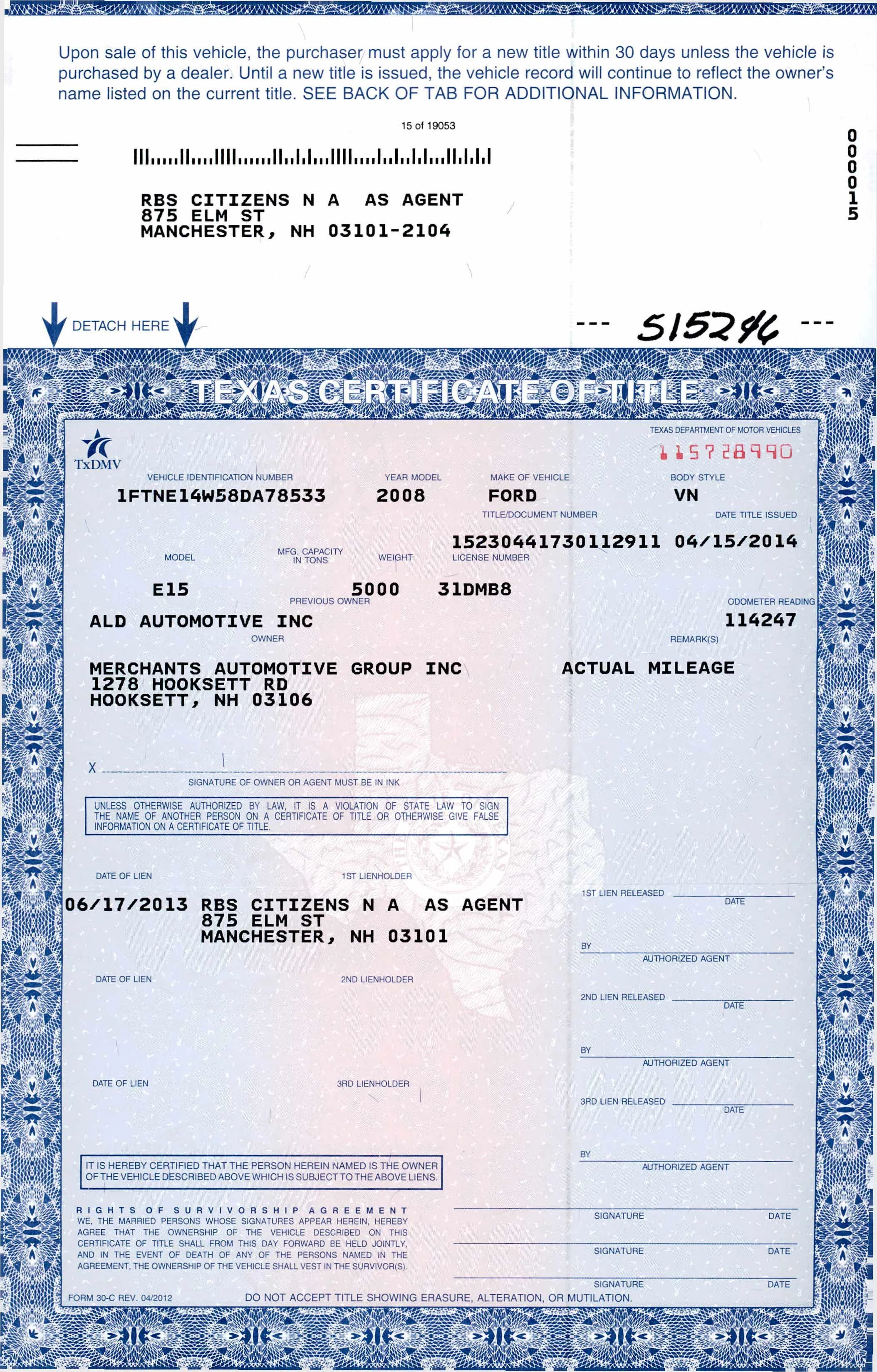 Vehicle Certificate of Title (all USA states)