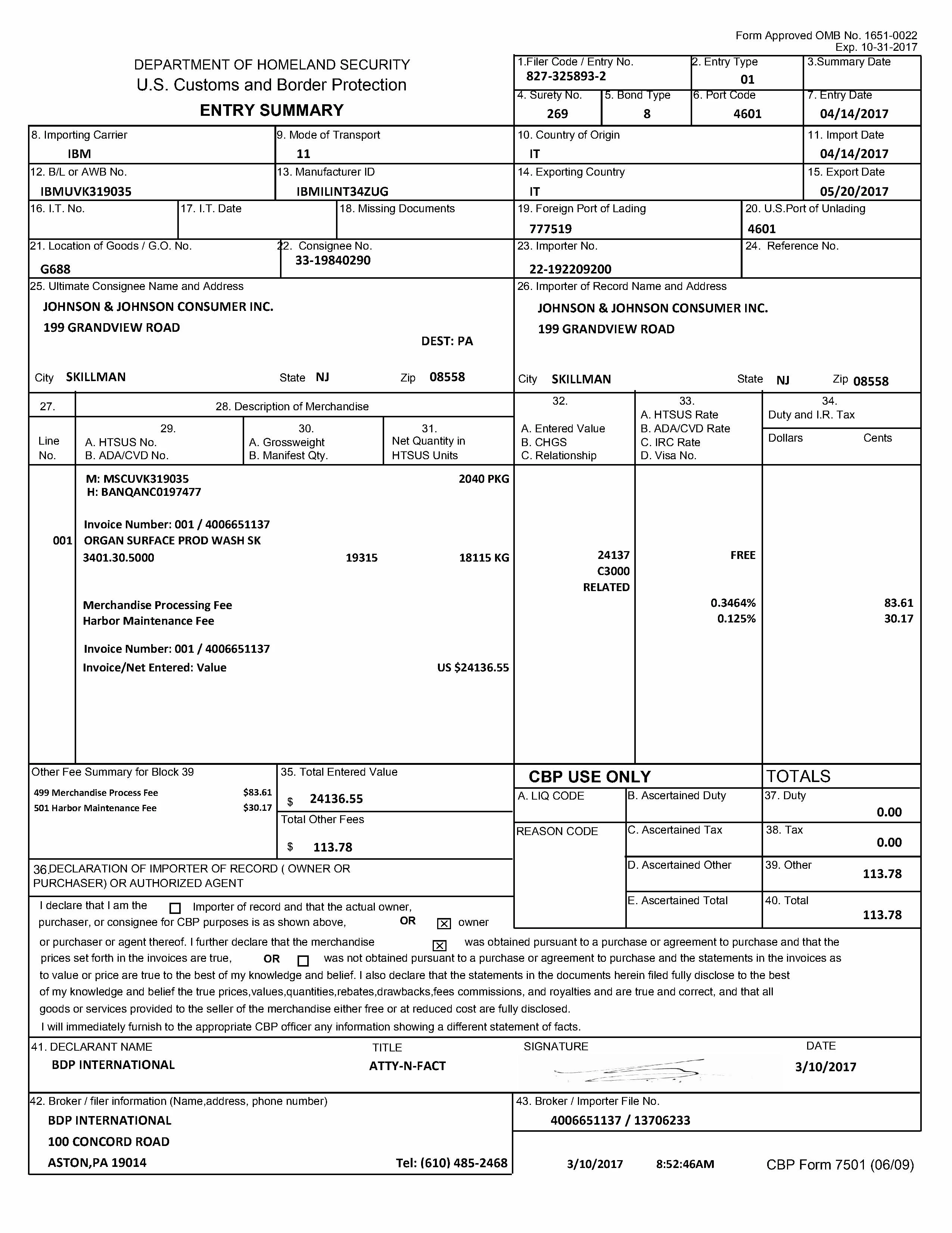 US Customs Entry Summary 7501